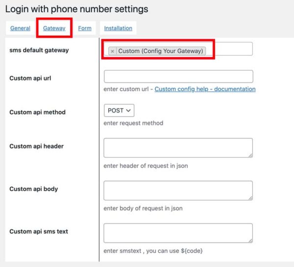 Configure custom sms gateway in Login with phone number WordPress plugin - Idehweb software solution